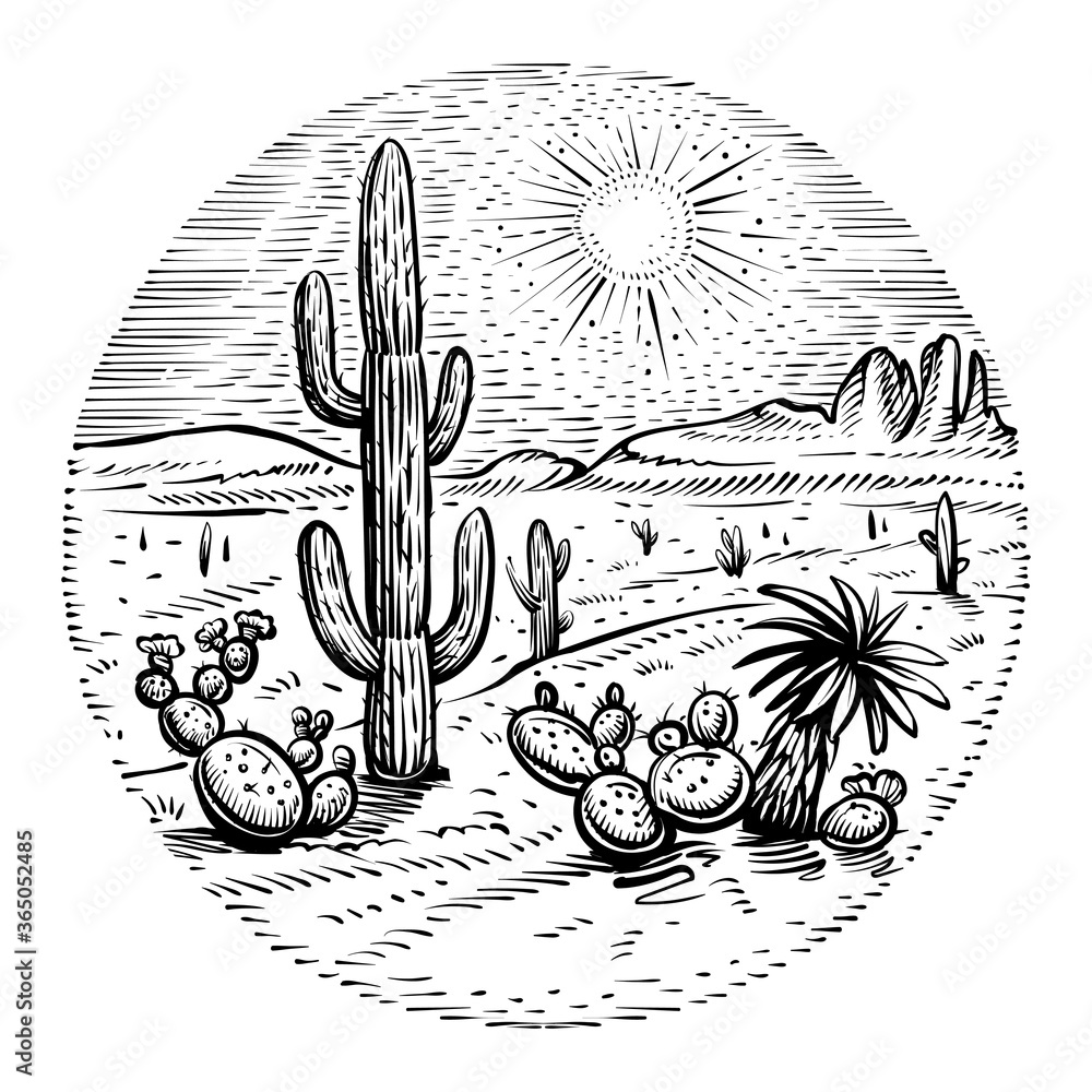 Circle desert vector. Round western landscape sketch with cactus ...