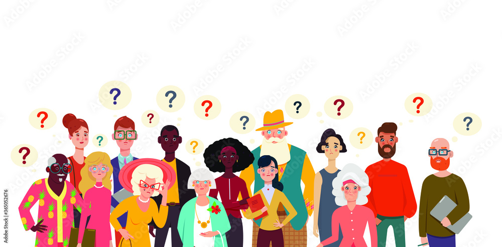 Thoughtful people with question marks over head. Diverse People ...
