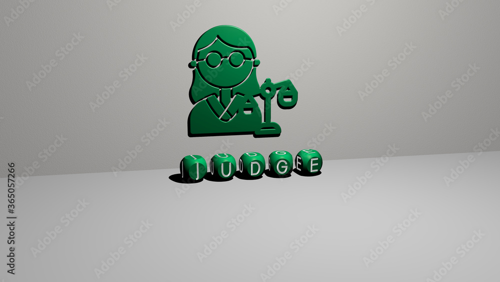 3D illustration of JUDGE graphics and text made by metallic dice ...