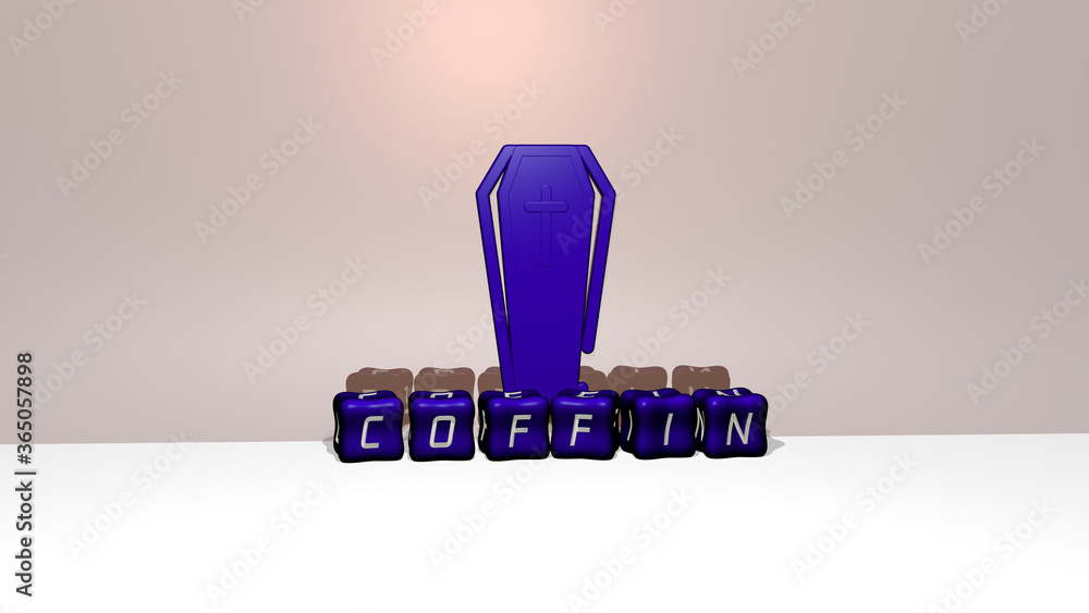 3D illustration of coffin graphics and text made by metallic dice ...