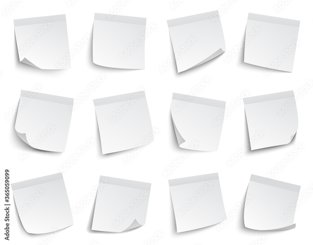 Note paper stickers. White blank memo paper notes, sticky paper sheets ...