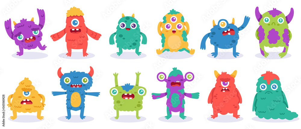 Cartoon monster characters. Halloween funny monsters, cute fluffy alien ...