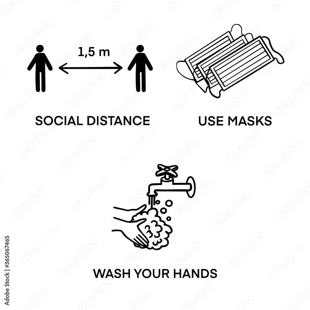 Hygiene set: wash your hands, sociale distance and use mask Stock ...