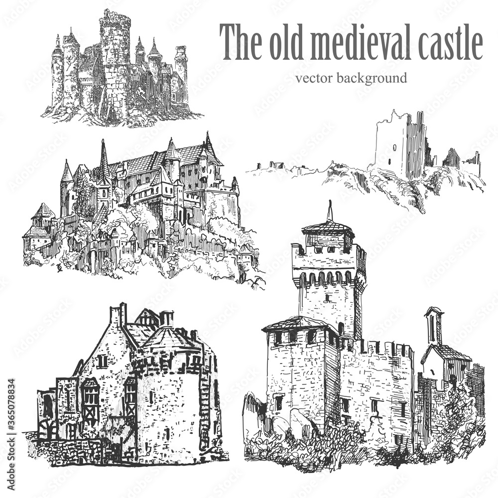 Set of medieval castle isolated on white background. Sketch hand ...