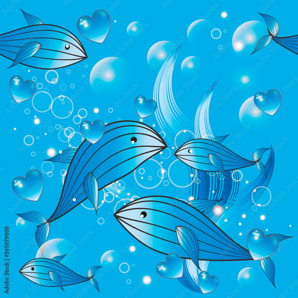 Marine seamless pattern. Cartoon hand drawn fishes. Blue water ...