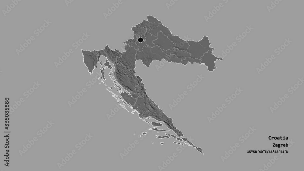 Medimurska, county of Croatia, with its capital, localized, outlined ...