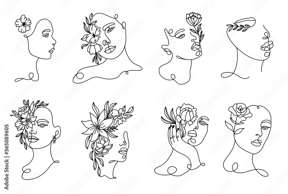 Set linear woman portraits. Continuous linear silhouette of female face ...