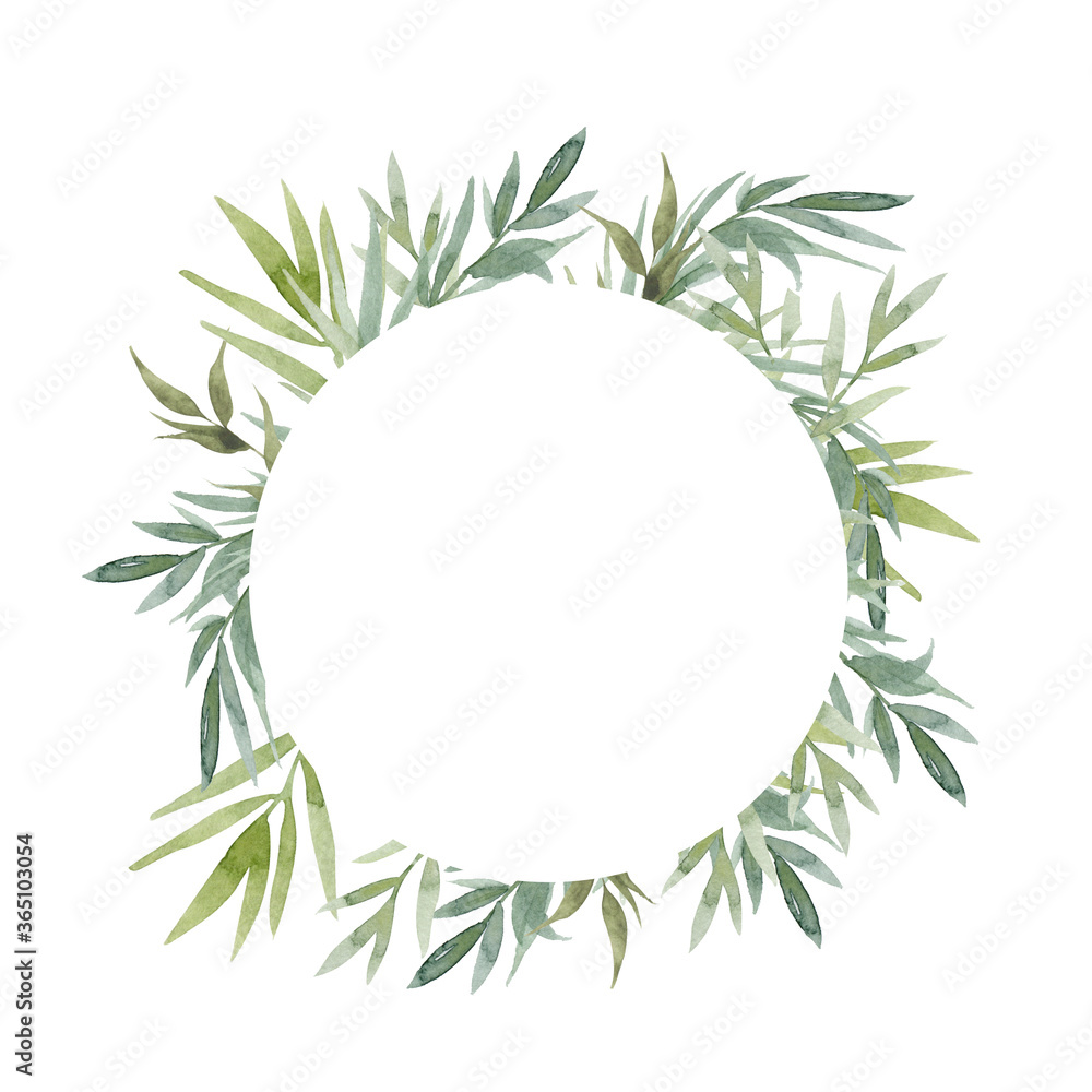 Floral greenery card design: branch green leaves circle frame. Wedding ...
