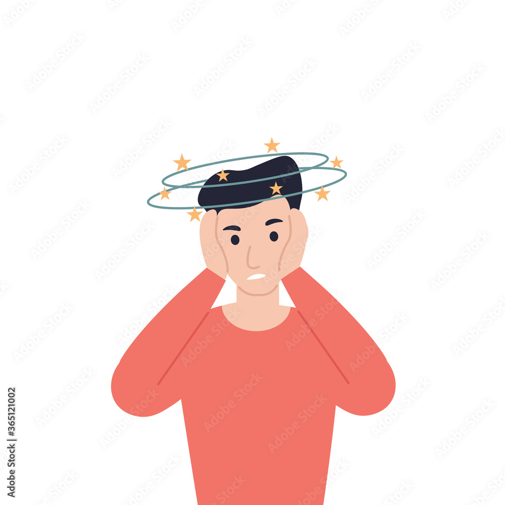 Flat cartoon vector man character fainting, dizziness, vertigo ...