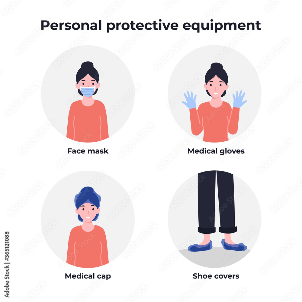 Personal protective equipment, PPE, face mask, medical cap and gloves ...