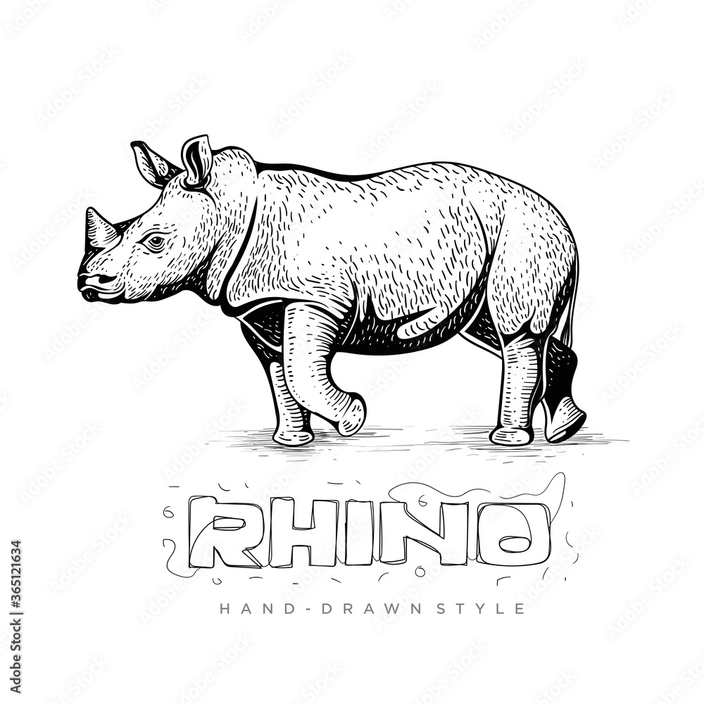 rhino vector side view, animal illustration in hand drawing Stock ...