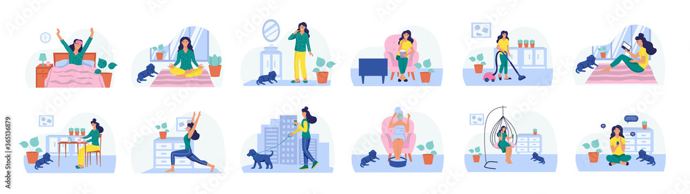Set of daily routines. The concept of daily life, everyday leisure and ...