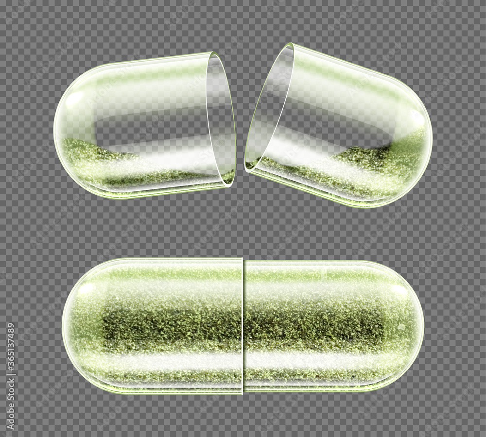 Herb capsule, nutritional supplement, powder pills close and open ...