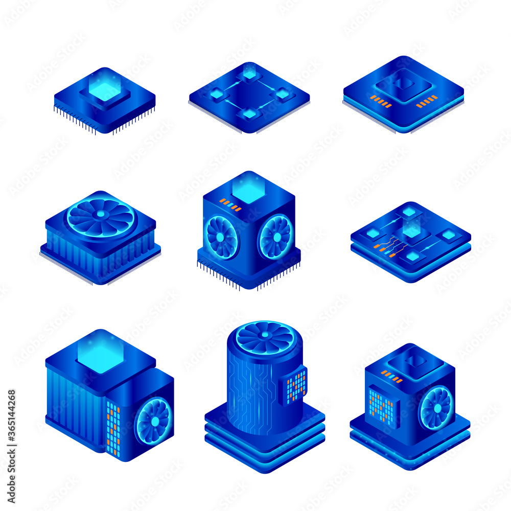 Computer chip vector illustration set. Isometric CPU chip isolated on ...