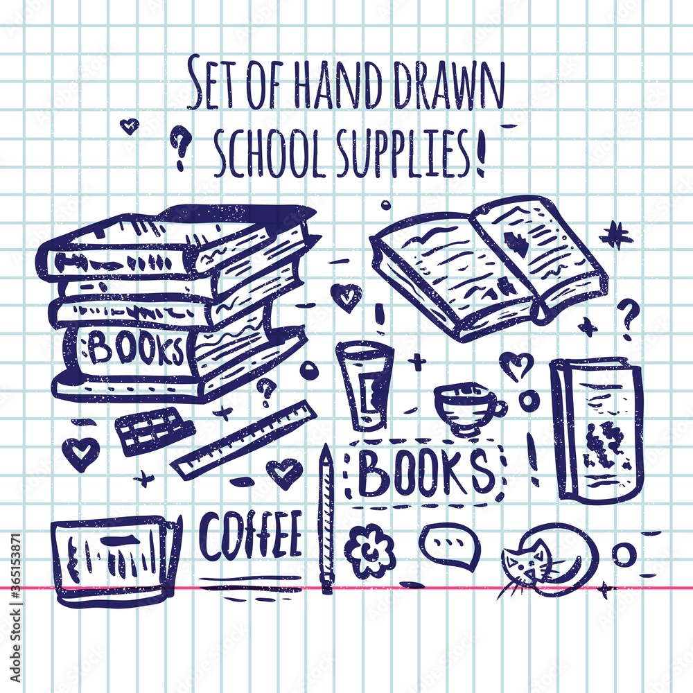 Set of hand drawn school supplies. Back to School. Books, coffee ...
