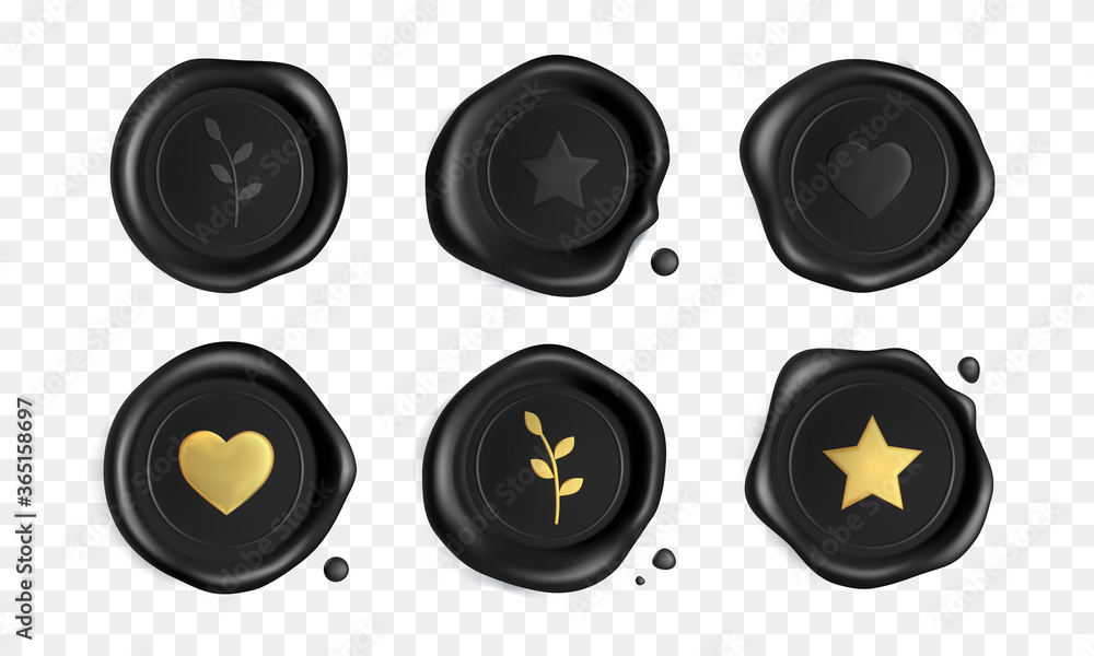 Black stamp wax seals set with gold heart, branch and star isolated on ...