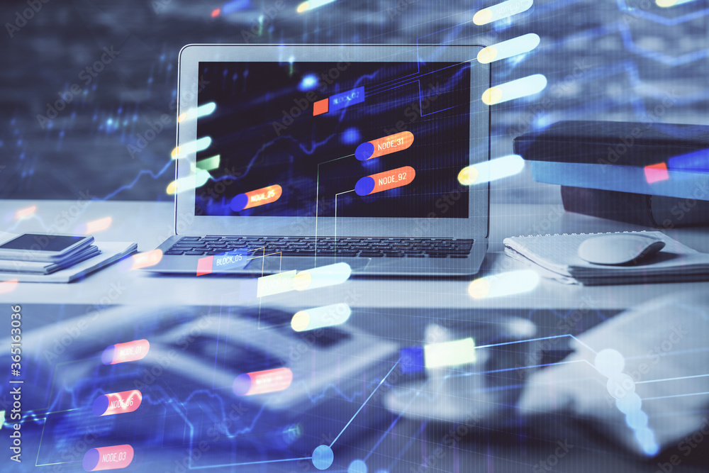 Technology theme drawing and table with computer. Multi exposure ...