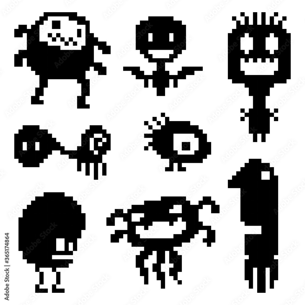 Doodles monster pixel 8-bit pattern, Vector Illustration of pixel art ...