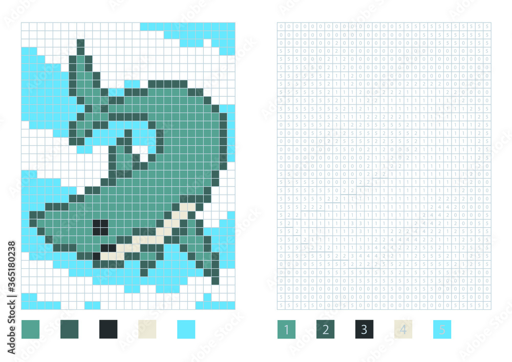 Pixel shark cartoon in the coloring page with numbered squares, vector ...