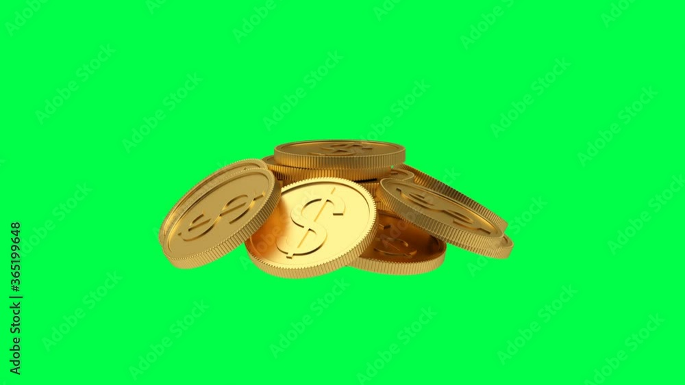 3D animation of a heap of golden dollar coins rotates as a pedestal of ...