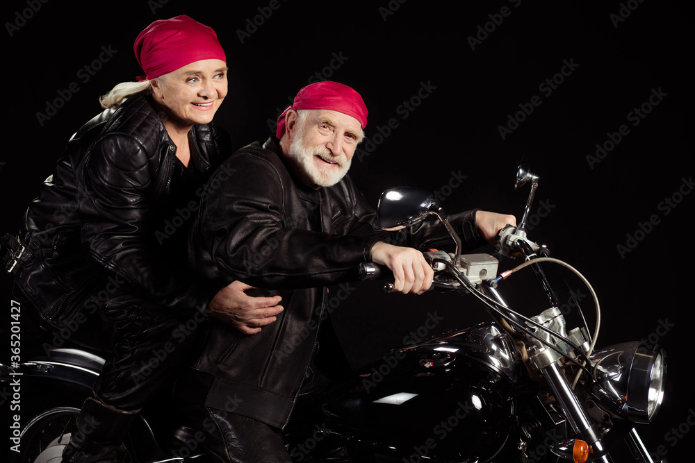 Profile photo of aged bikers grey hair man lady married couple drive ...