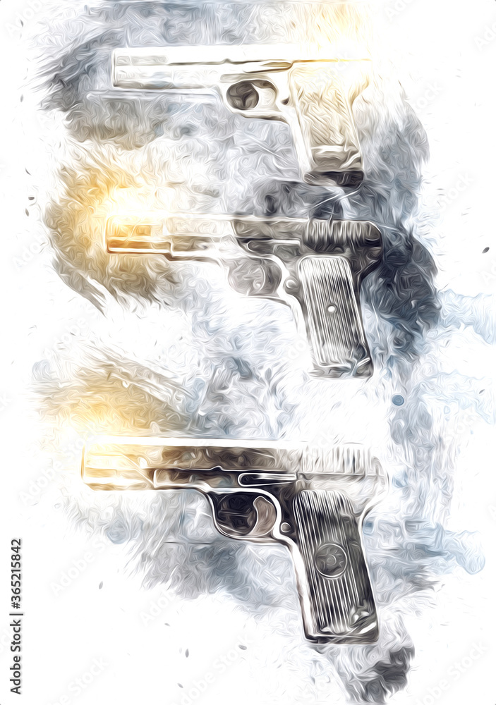 Revolver, hand drawn vintage gun illustration. Engraving style old ...