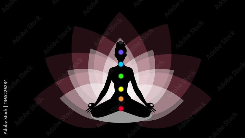 A woman meditates in the Lotus position, against the background of ...