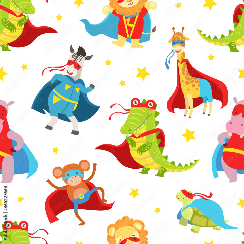 Superhero Animals Seamless Pattern, Cute Baby Animals Characters in ...