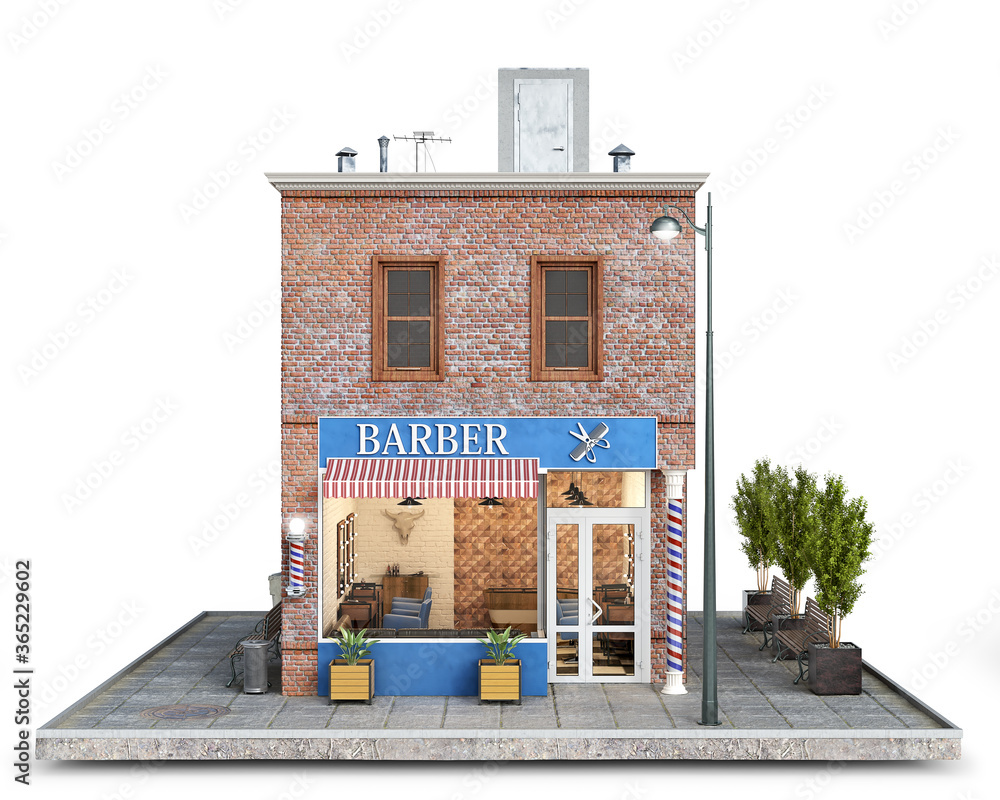 Front view on a barbershop in building on a piece of ground, 3d ...