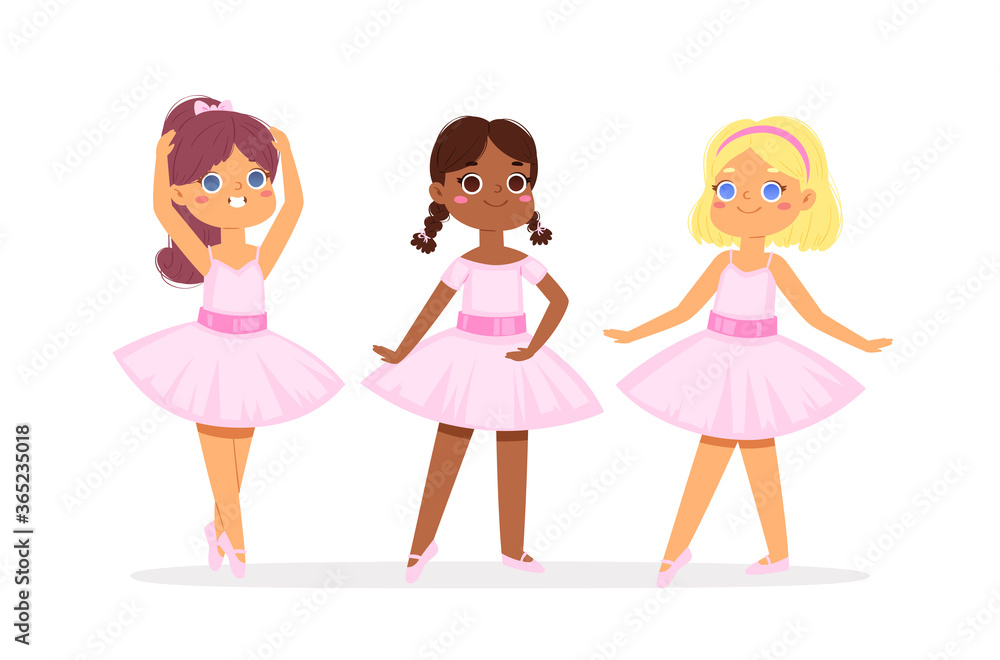 Cartoon cute little multicultural ballerinas with various hairstyles in ...