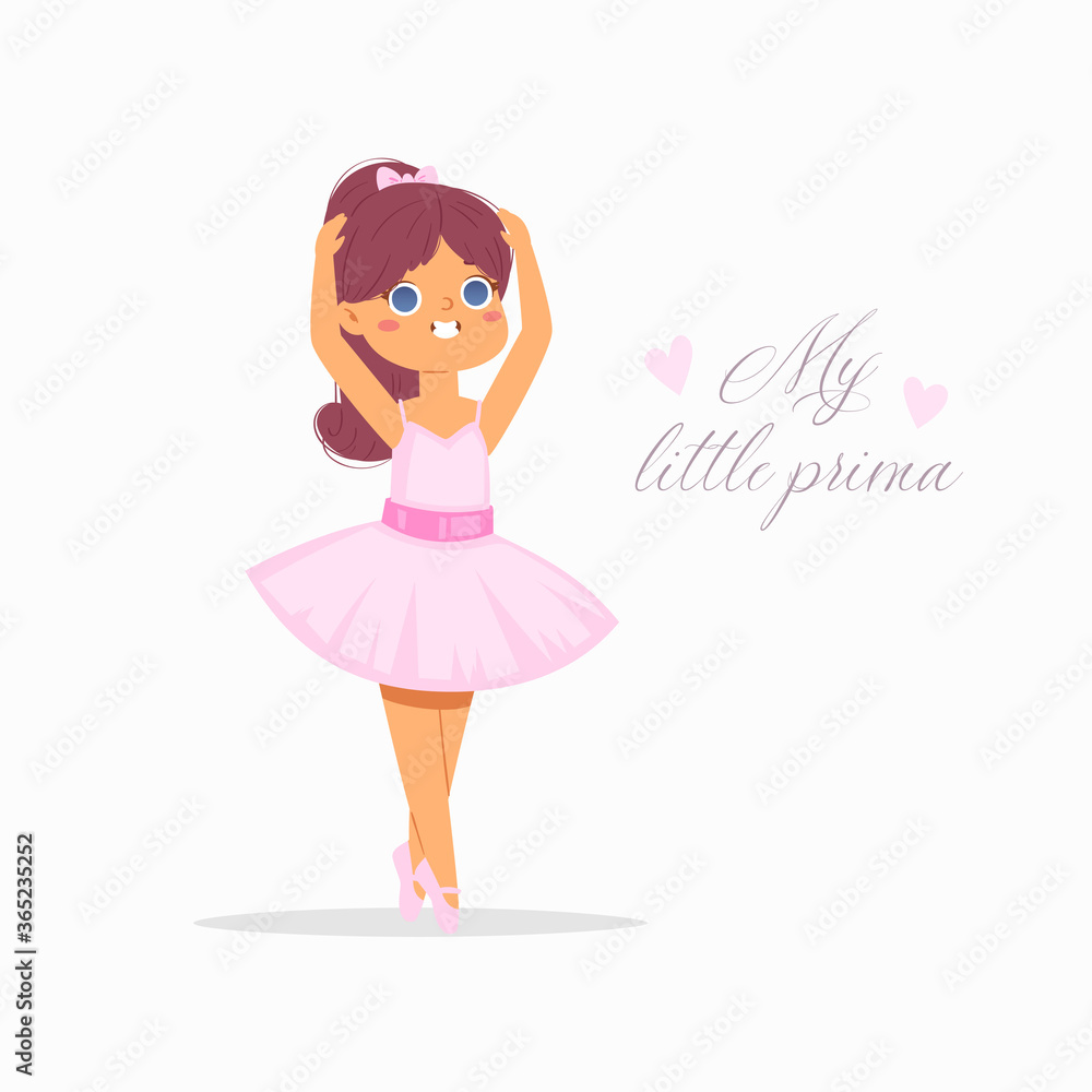 Cartoon cute little ballerina girl with pretty hair in tutu dress with ...