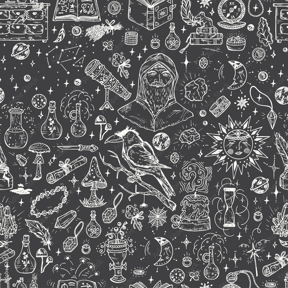 Alchemy Seamless pattern. Endless background with Hand Drawn Doodle ...