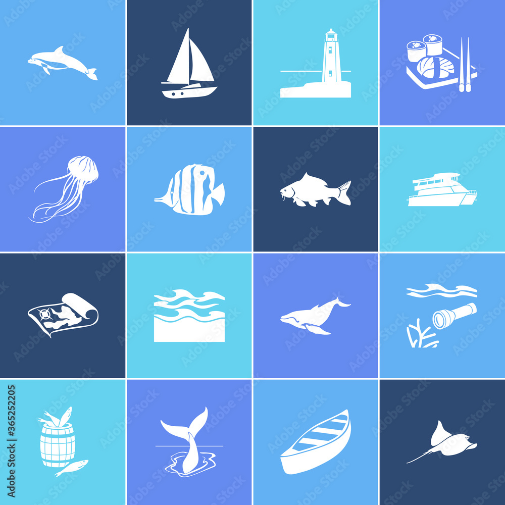 Sea world icon set and jellyfish with sailboat, tropical fish and ...