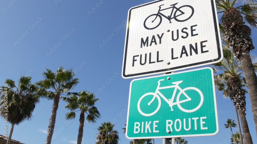 Bike Route green road sign in California, USA. Bicycle lane singpost ...