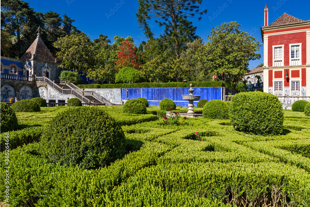 garden, statue and detail of The Palace of the Marquesses of Fronteira ...