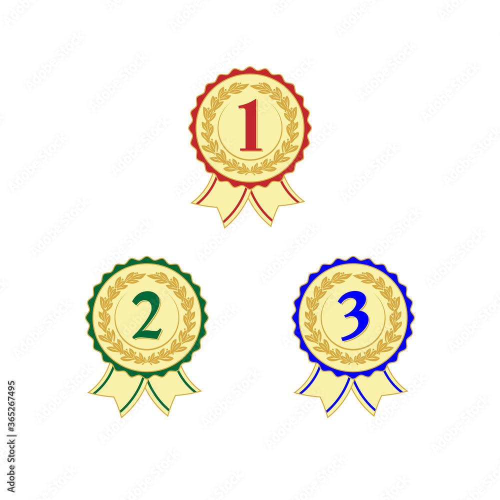 Medals for winners with laurel wreaths, ribbons and numbers 1,2,3 ...