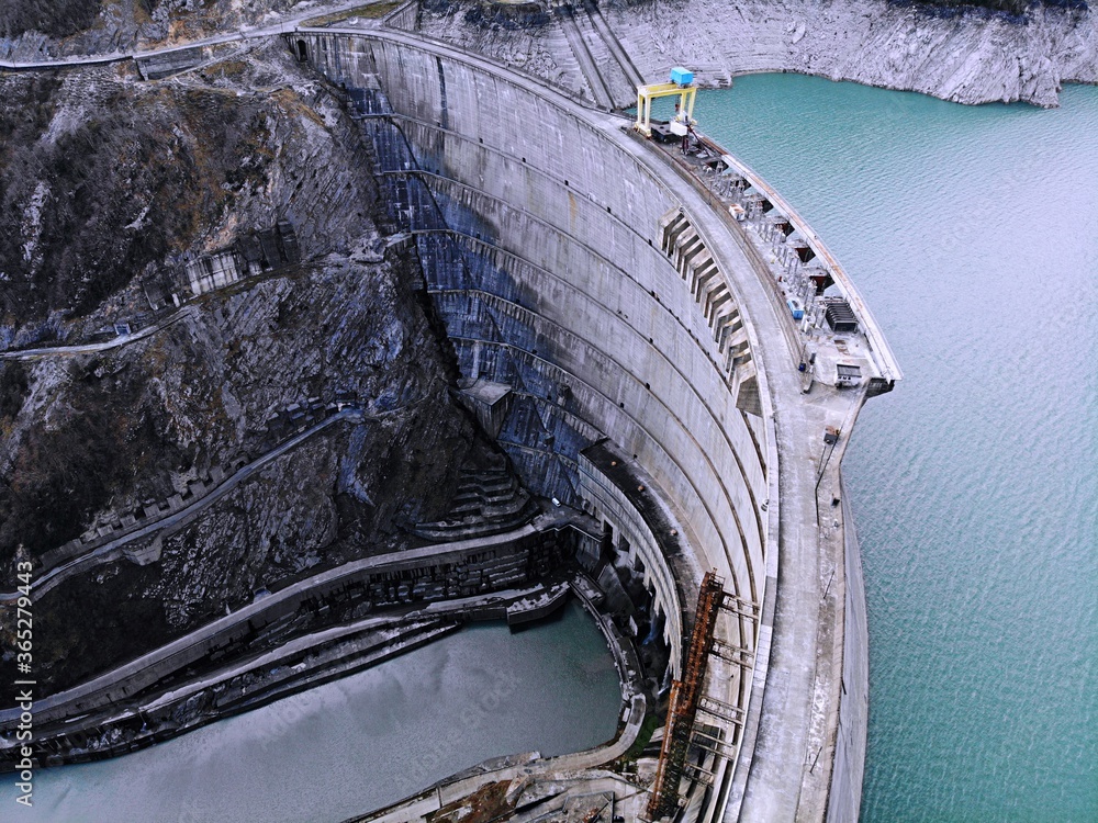 Georgia. The Enguri Dam is a hydroelectric arch dam. View from above ...