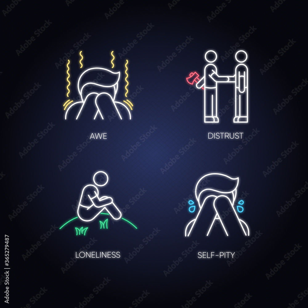 Emotions and personality traits neon light icons set. Human feelings ...
