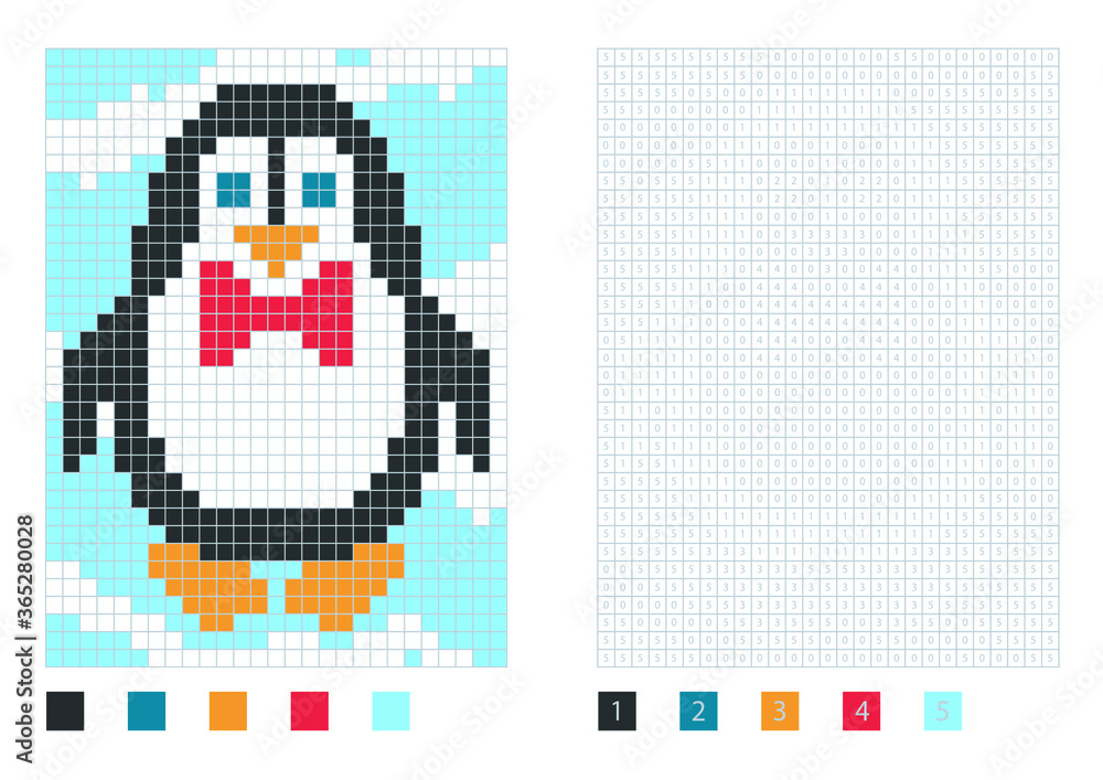 Pixel penguin cartoon in the coloring page with numbered squares ...