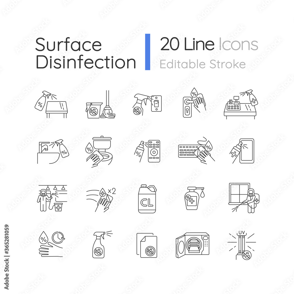 Disinfection pixel perfect linear icons set. Surface cleaning ...