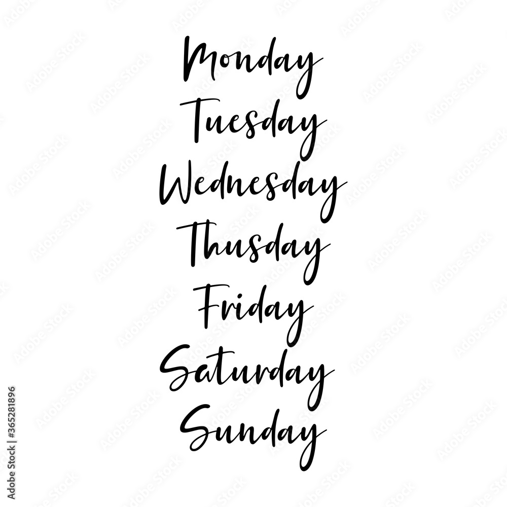 Hand Lettered Days of the Week. Calligraphy words Monday, Tuesday ...
