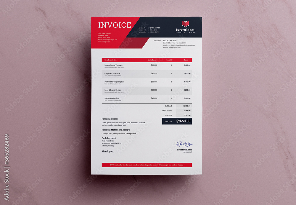 Invoice Layout with Red Accents Stock Template | Adobe Stock