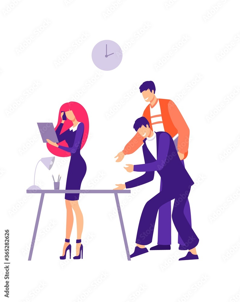 Office harassment problem illustration. Two male worker characters are ...