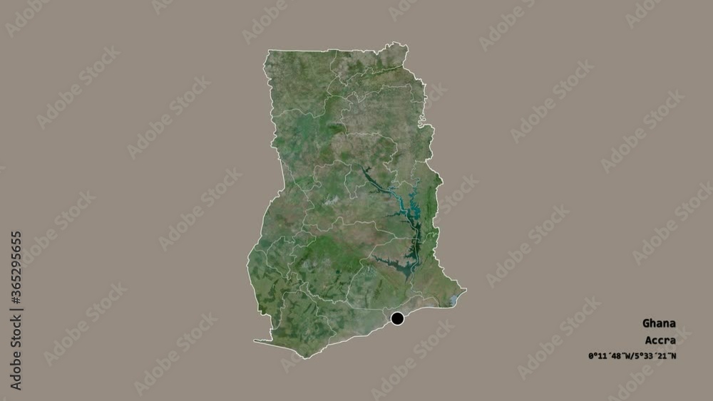 Central, region of Ghana, with its capital, localized, outlined and ...