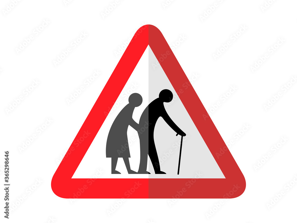 isolated elderly crossing road sign symbol on round triangle board for ...