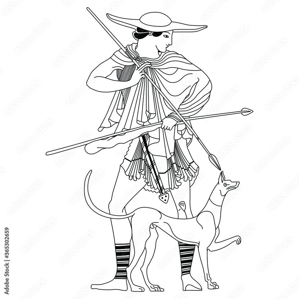 Ancient Greek young hunter with dog. Vase painting motif. Actaeon or ...