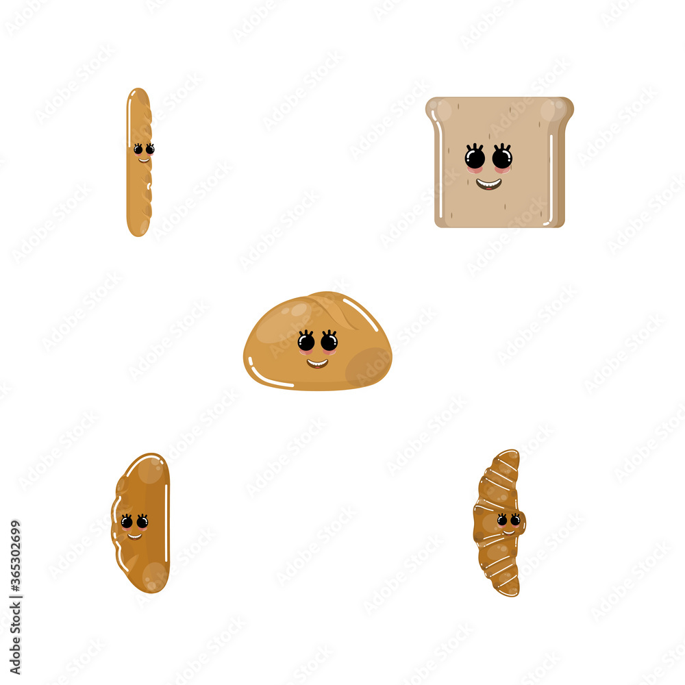 Set of breads cartoon. Cartoons of a sliced bread, french bread, bun ...