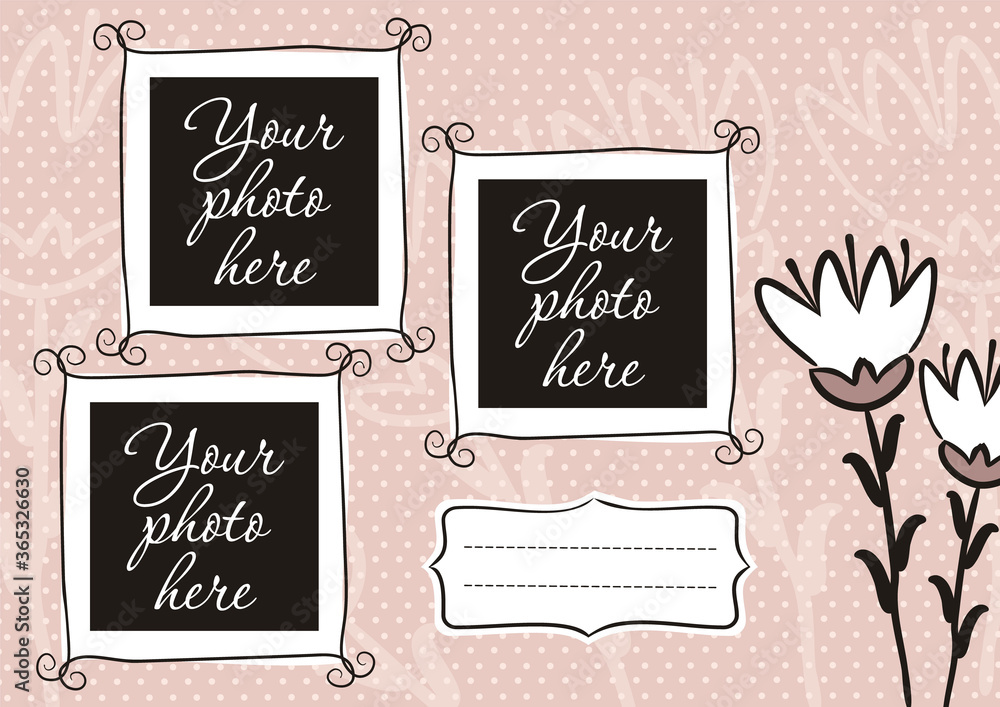 Cute photo book with flower. Pink page for a photo album. Template for ...