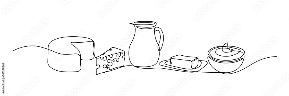 Dairy products in continuous line art drawing style. Cheese, milk ...