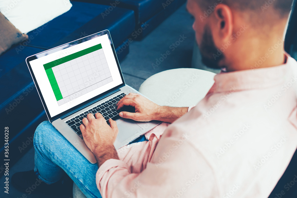 Rear view experienced businessman sitting front laptop computer with ...